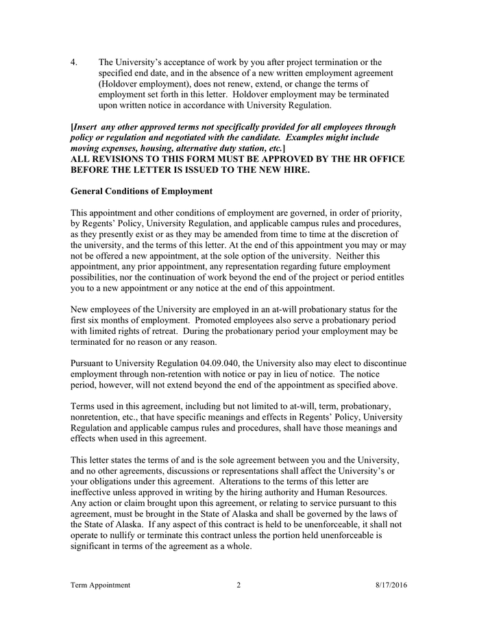 Staff Term Appointment Letter in Word and Pdf formats - page 2 of 4