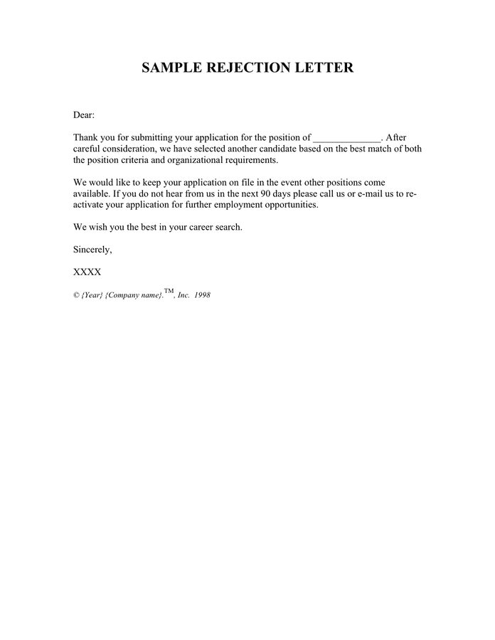 Sample rejection letter in Word and Pdf formats
