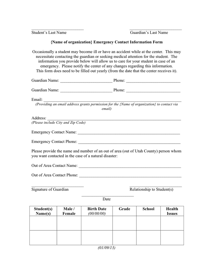 Emergency contact information form in Word and Pdf formats