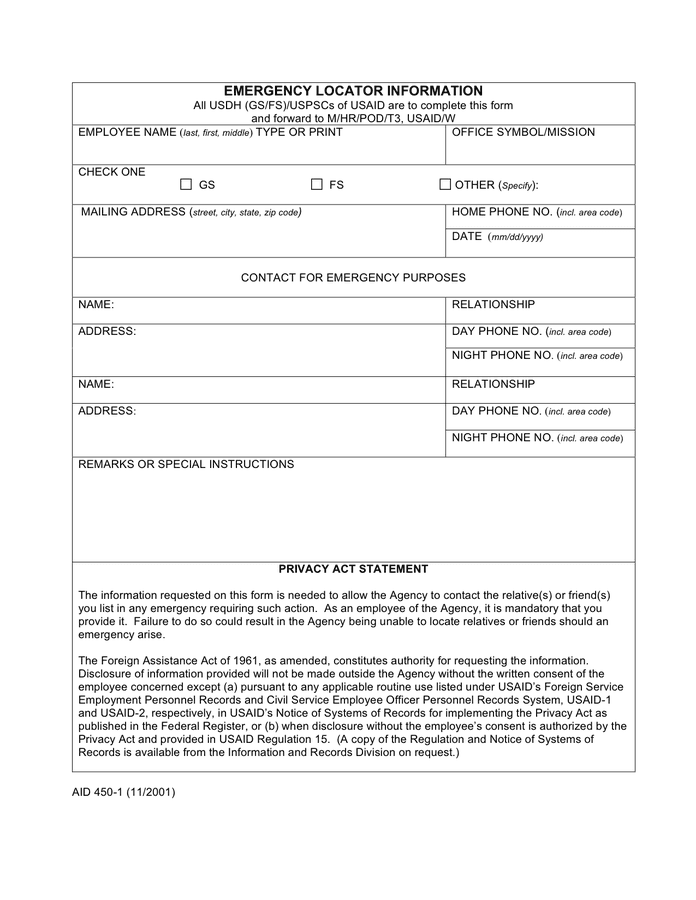 Emergency Contact Form - download free documents for PDF, Word and Excel
