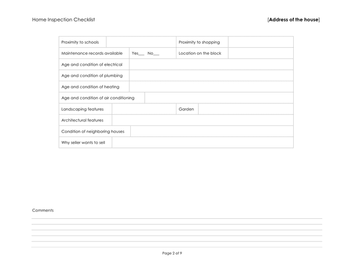 Home inspection checklist in Word and Pdf formats - page 2 of 9