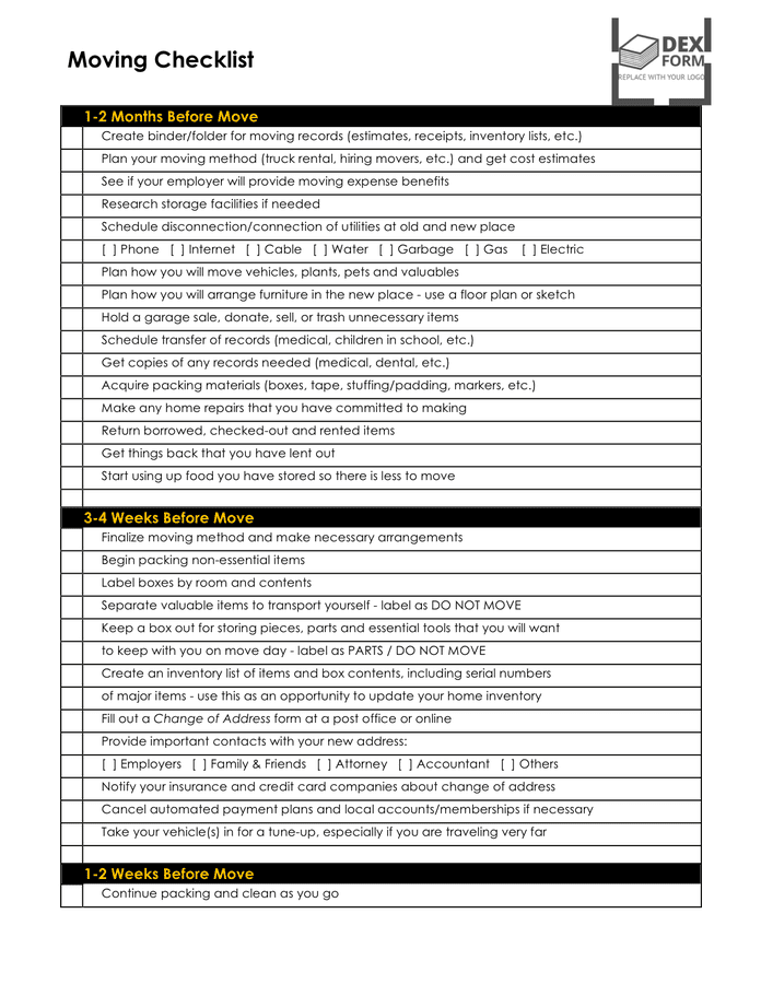 Moving checklist in Word and Pdf formats