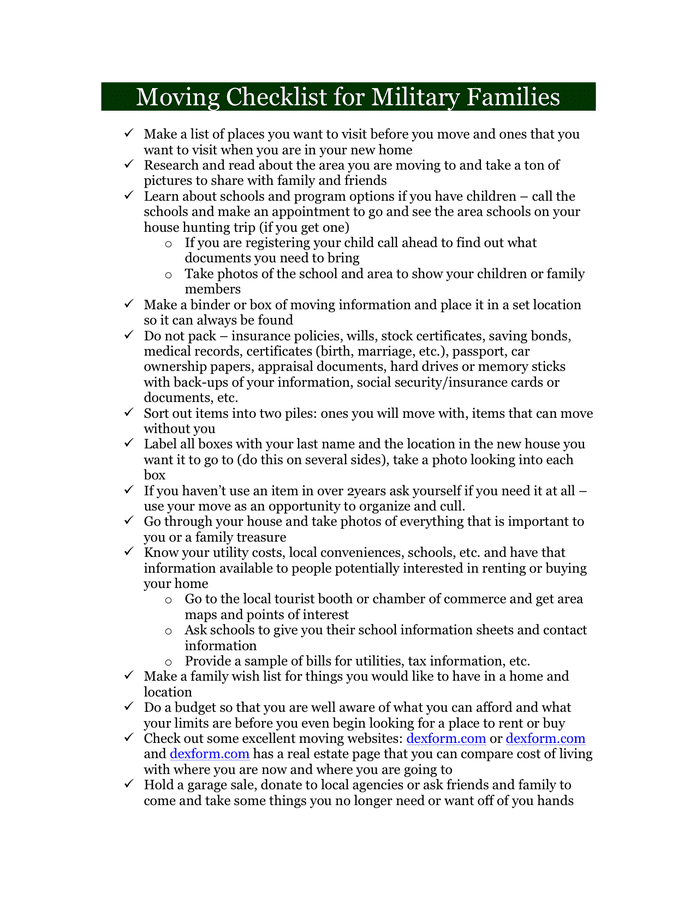 Moving checklist for military families template in Word and Pdf formats