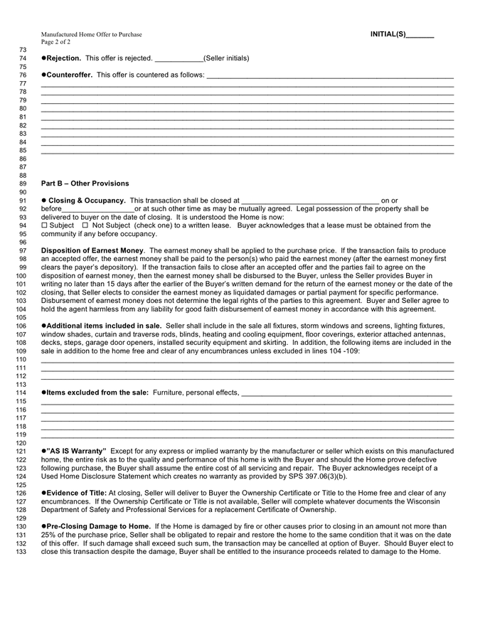 Manufactured home offer to purchase in Word and Pdf formats - page 2 of 2