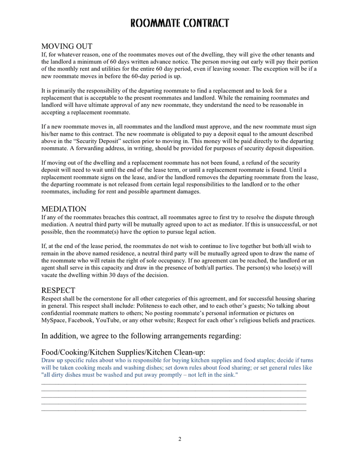 Sample roommate agreement in Word and Pdf formats - page 2 of 4