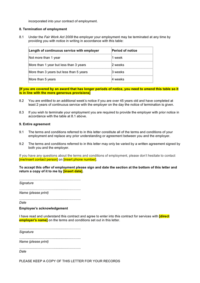 Sample contract of employment in Word and Pdf formats - page 3 of 3