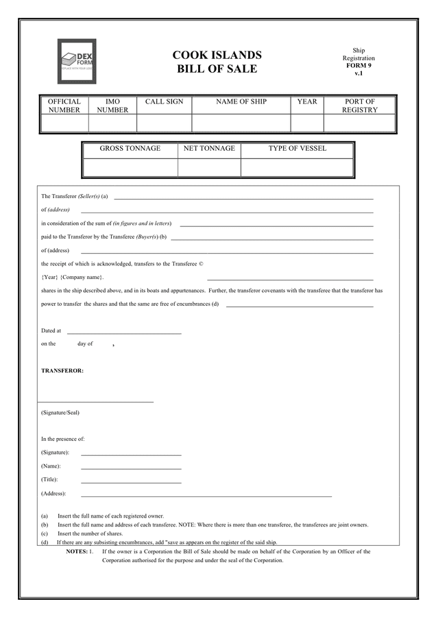 Ship / vessel bill of sale form (Cook Islands) in Word and Pdf formats