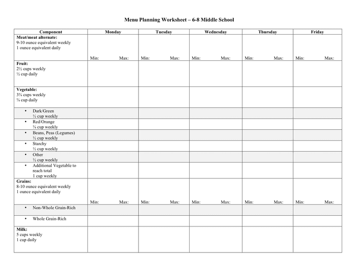 Middle school menu planning worksheet in Word and Pdf formats