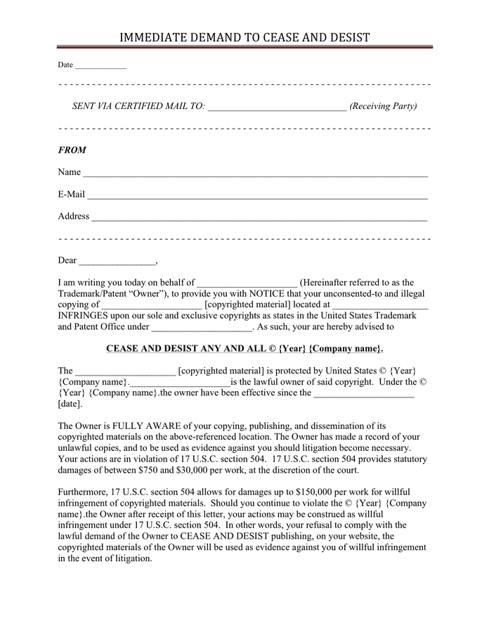Cease and Desist Template - download free documents for PDF, Word and Excel