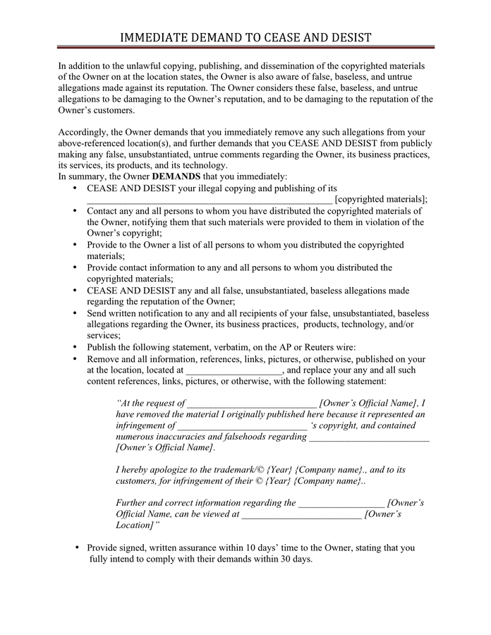 Immediate demand to cease and desist in Word and Pdf formats - page 2 of 5
