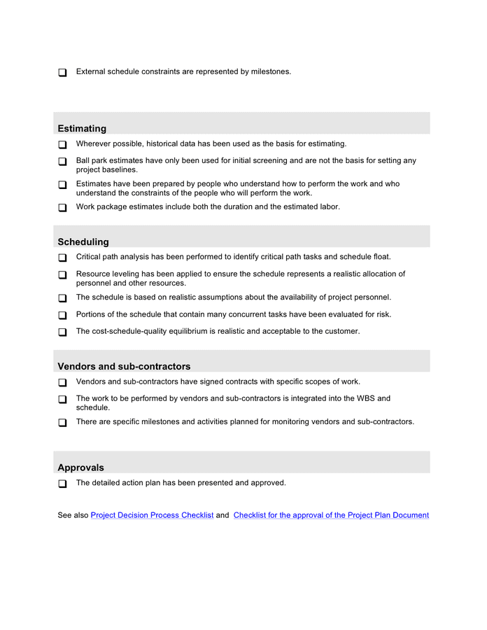 Project planning checklist report in Word and Pdf formats - page 2 of 2