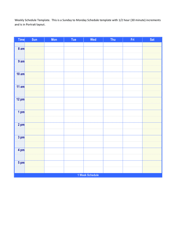 Weekly Schedule Template With 30 Minutes Increment In Word And Pdf Formats