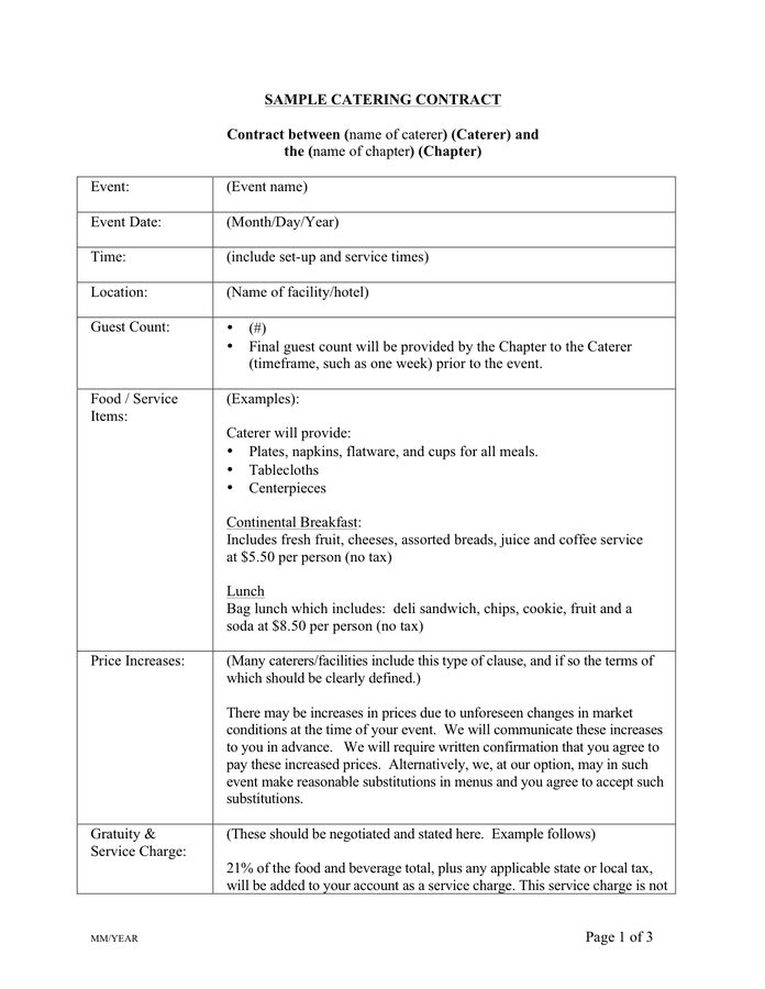 Free Catering Contract Template Word