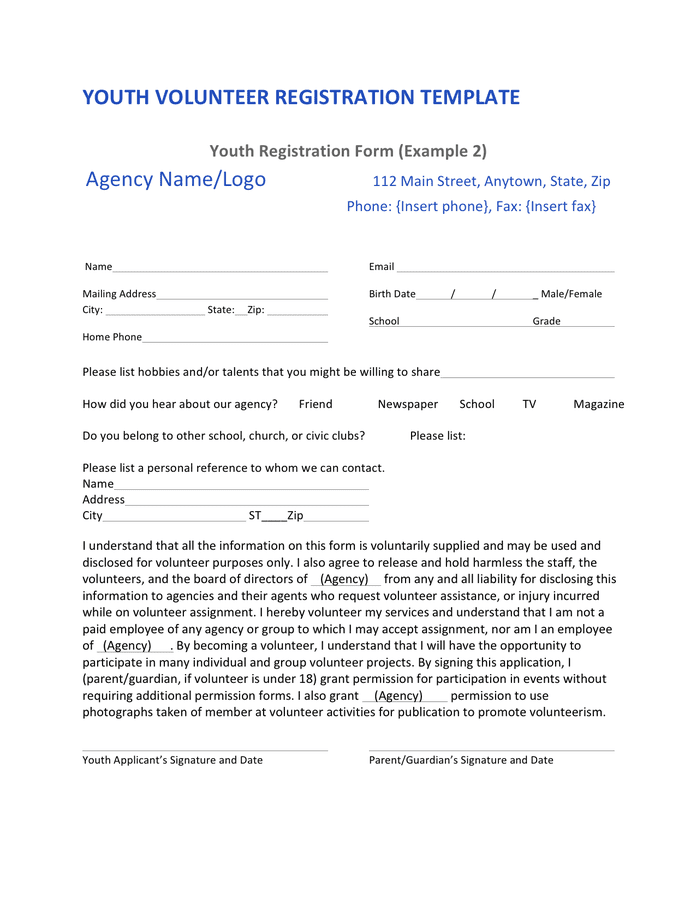 Youth volunteer registration template in Word and Pdf formats - page 2 of 2