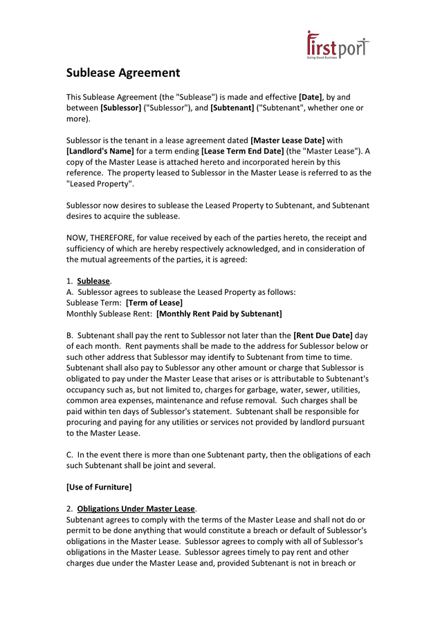 Sublease Agreement in Word and Pdf formats