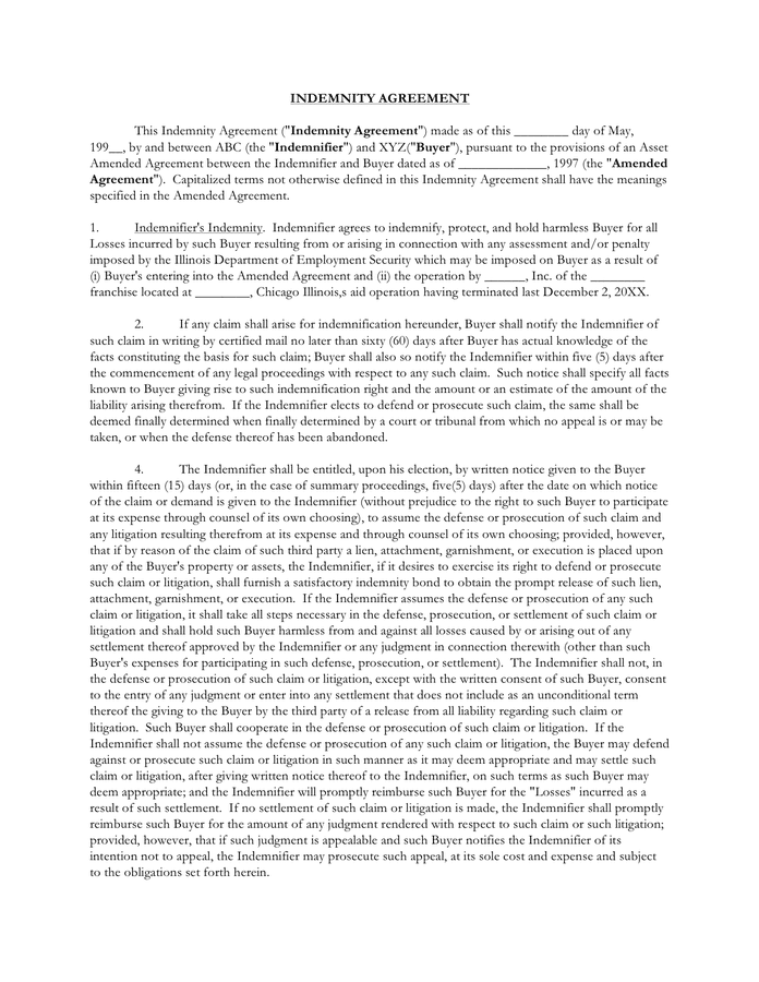 Indemnity Agreement - download free documents for PDF, Word and Excel