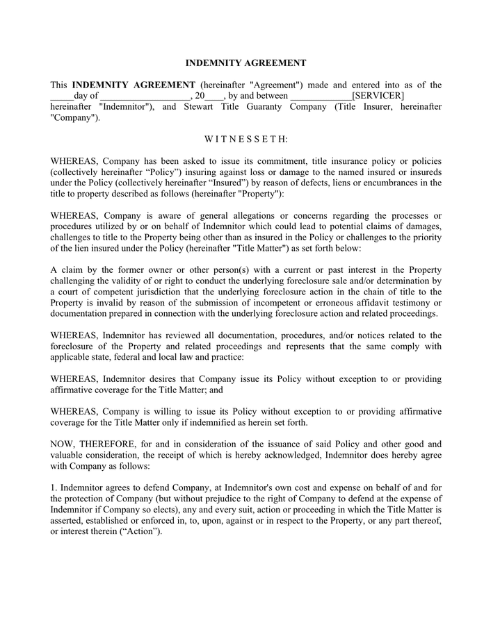 Indemnity Agreement - download free documents for PDF, Word and Excel