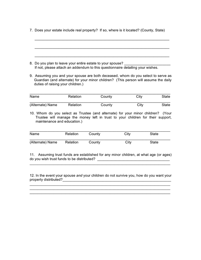 Questionnaire for last will and testament template in Word and Pdf ...