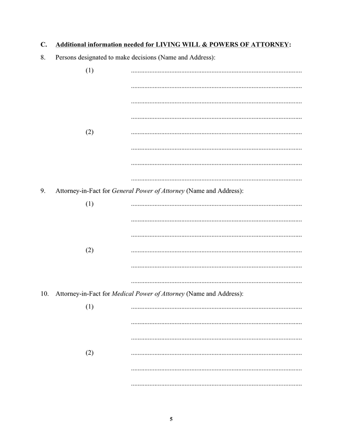 Last Will, Living Will & Powers of Attorney Worksheet in Word and Pdf ...