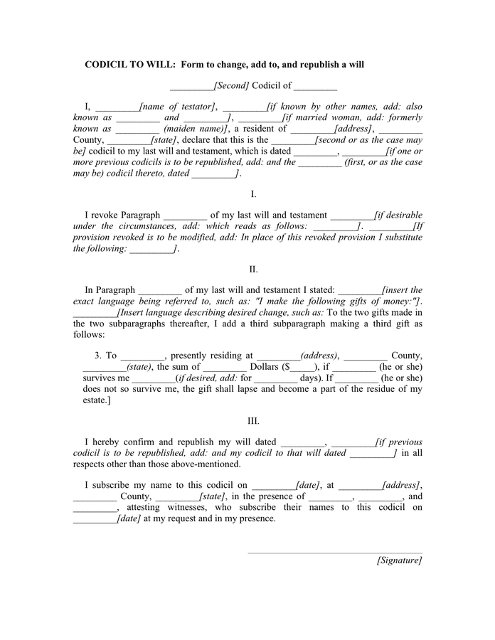 Codicil To Will Form In Word And Pdf Formats
