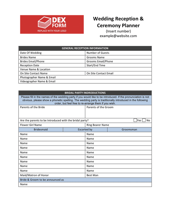 Wedding reception & ceremony planner in Word and Pdf formats