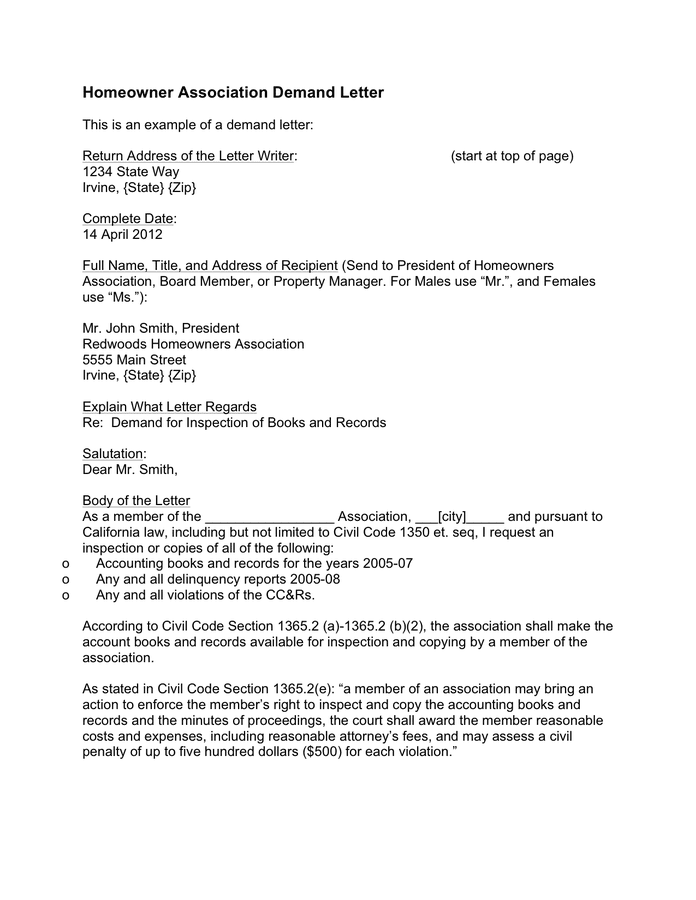 Homeowner Association Demand Letter Sample In Word And Pdf Formats