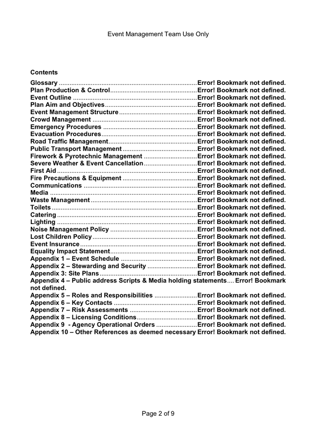 Event management plan template in Word and Pdf formats - page 2 of 9