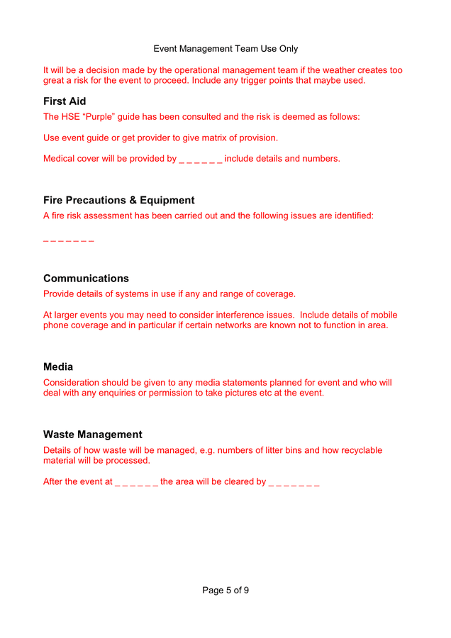 Event management plan template in Word and Pdf formats - page 5 of 9