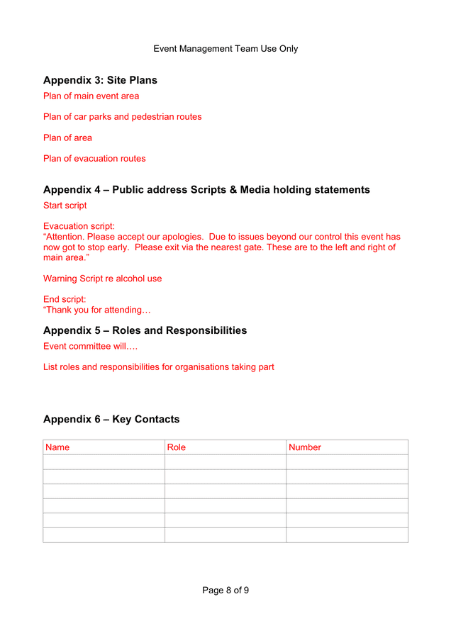 Event management plan template in Word and Pdf formats - page 8 of 9