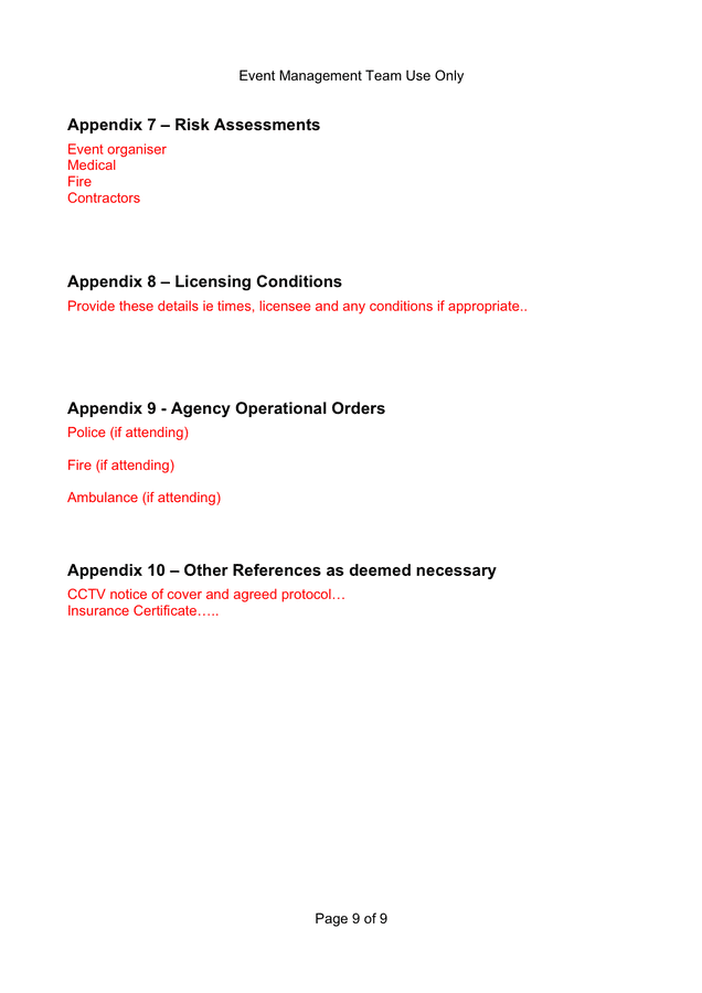 Event management plan template in Word and Pdf formats - page 9 of 9