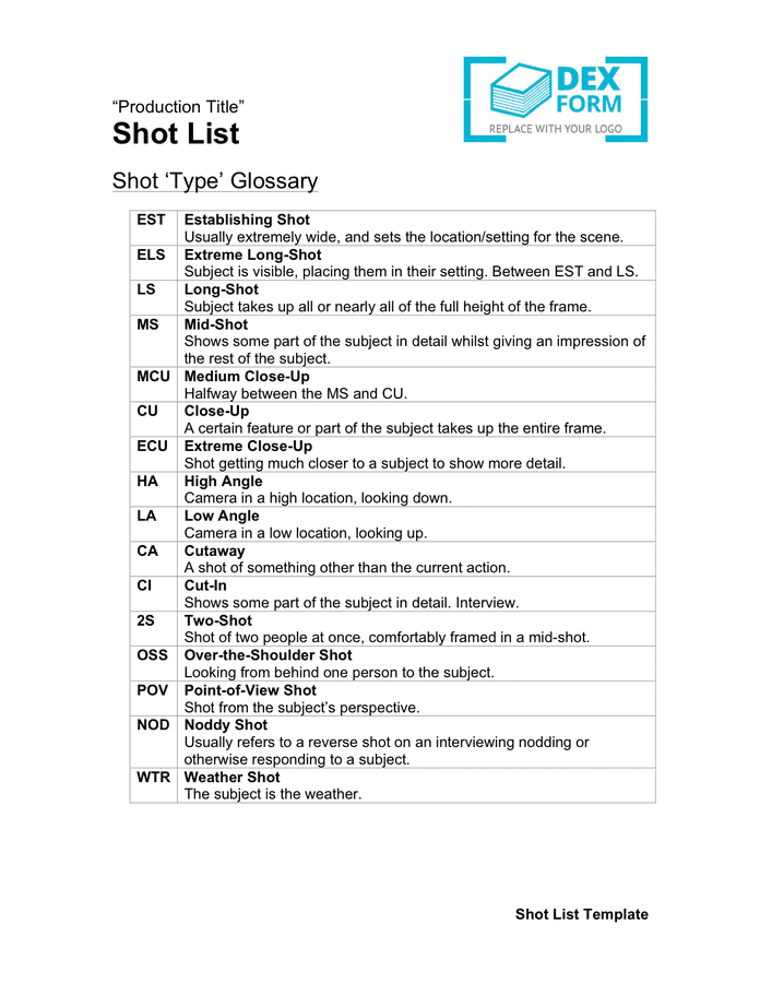 Shot list template in Word and Pdf formats - page 2 of 2