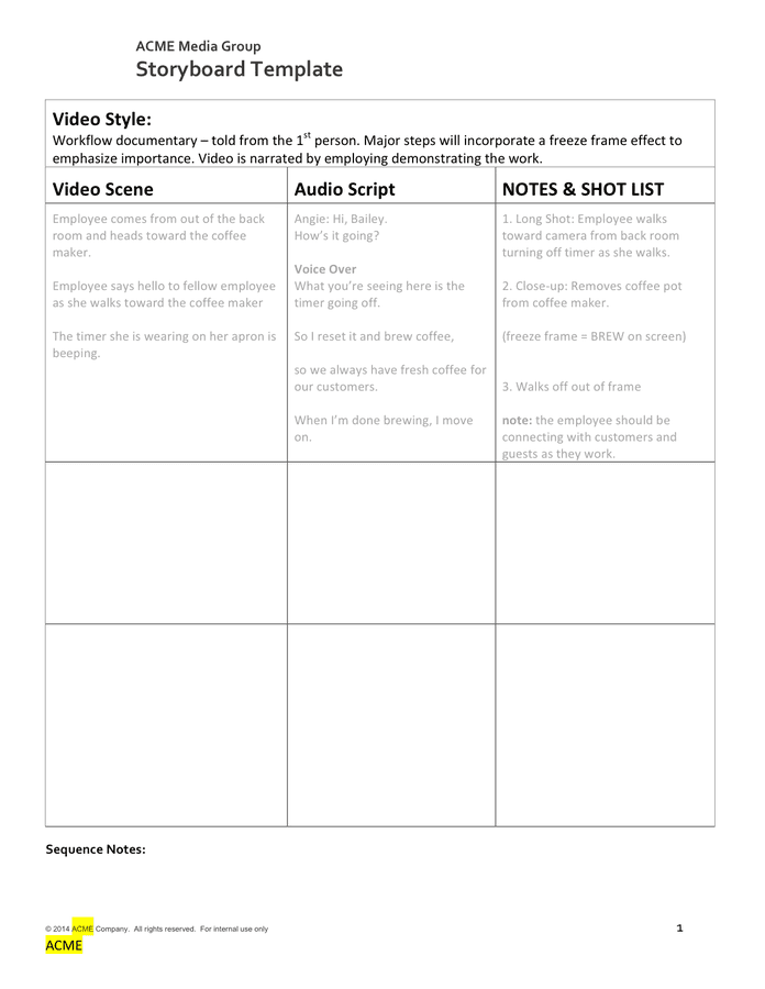 Storyboard template in Word and Pdf formats