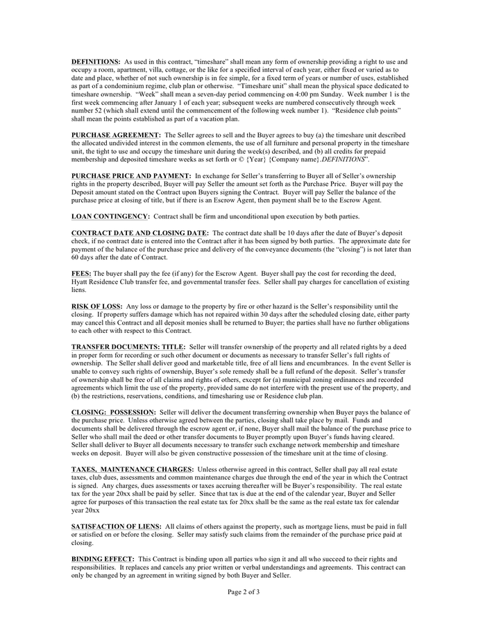 Timeshare Resale Contract Template In Word And Pdf Formats Page 2 Of 3