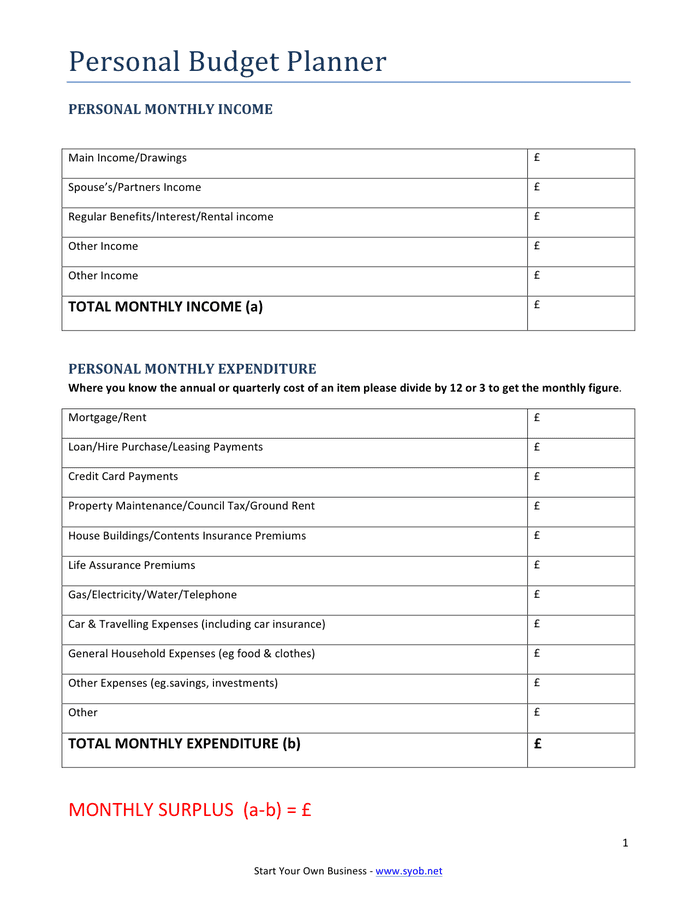 Personal budget planner in Word and Pdf formats