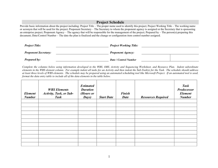 Project schedule worksheet in Word and Pdf formats