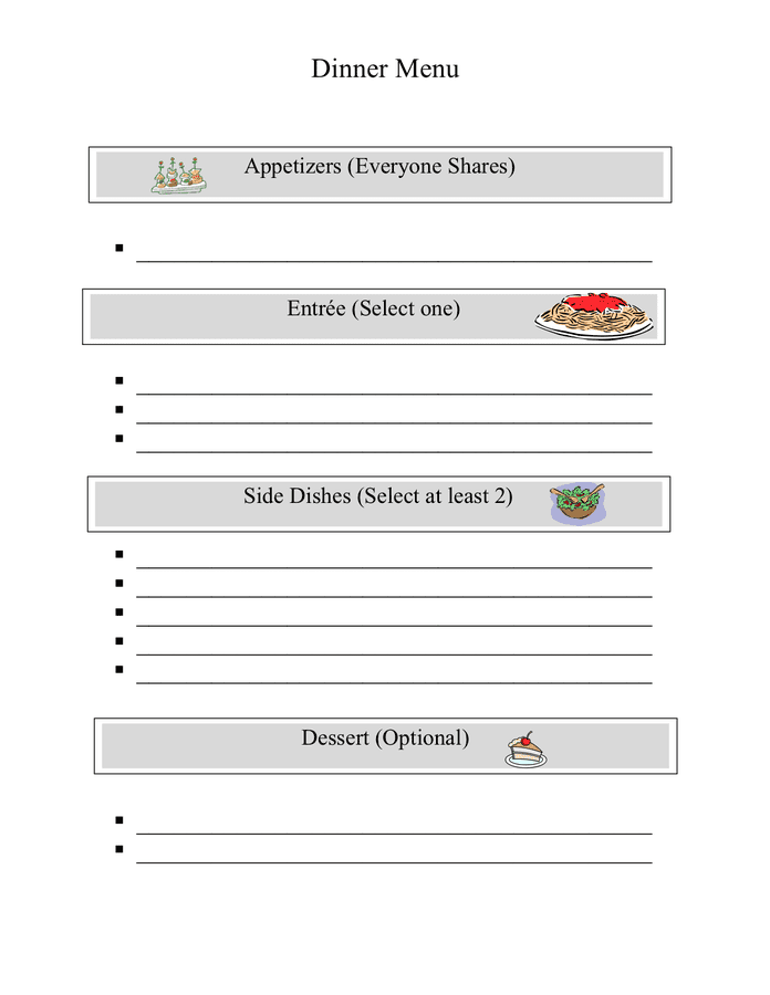 Dinner Menu Template - download free documents for PDF, Word and Excel