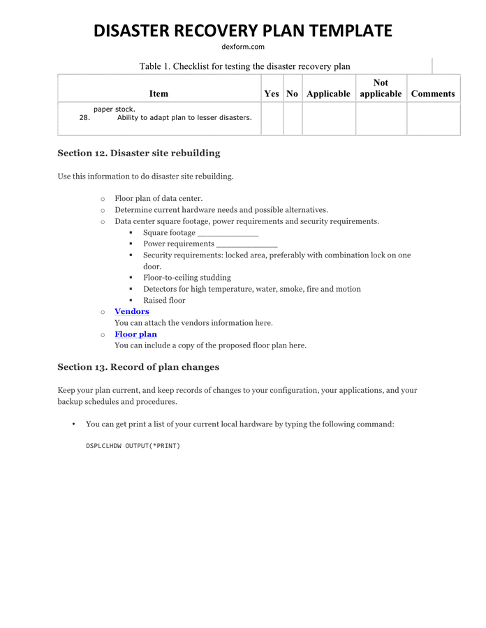 Disaster recovery plan sample in Word and Pdf formats - page 10 of 10