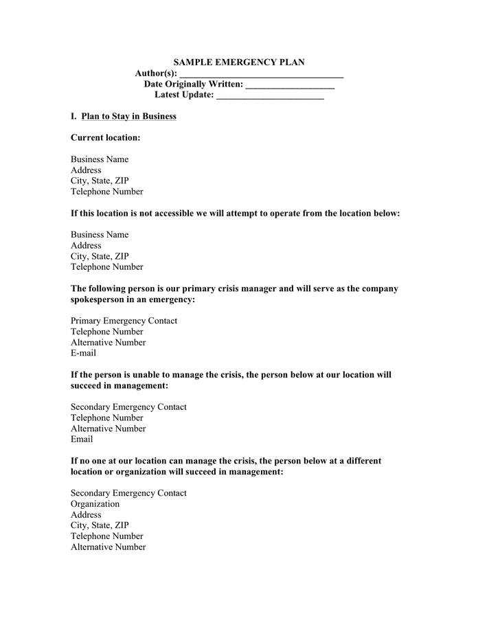 Sample emergency plan template in Word and Pdf formats