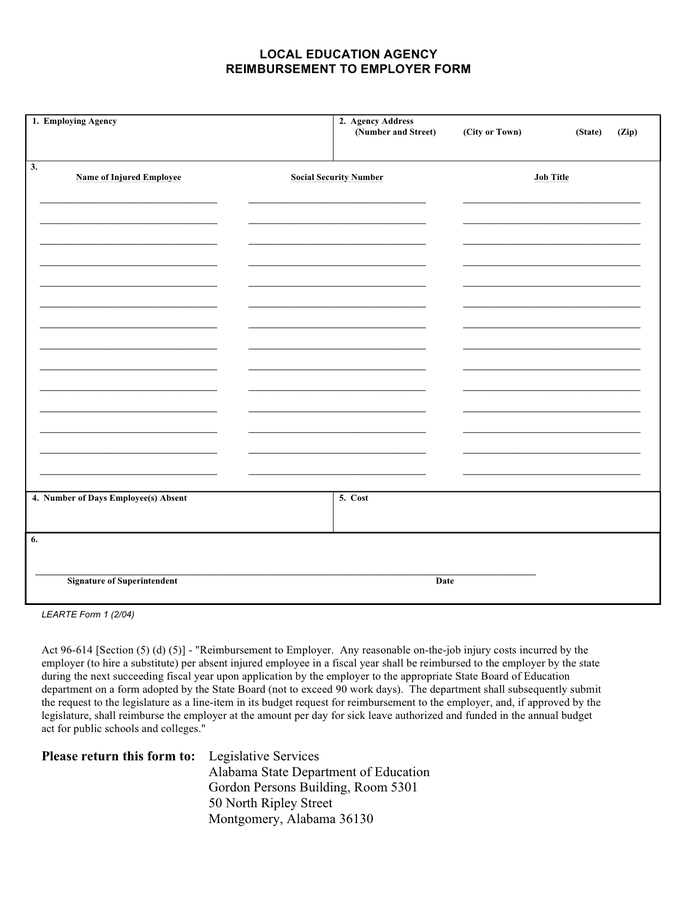 Local education agency reimbursement to employer form in Word and Pdf ...