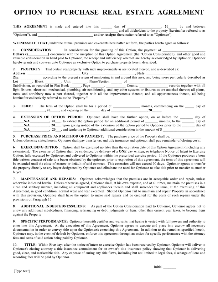 Option To Purchase Real Estate Agreement In Word And Pdf Formats