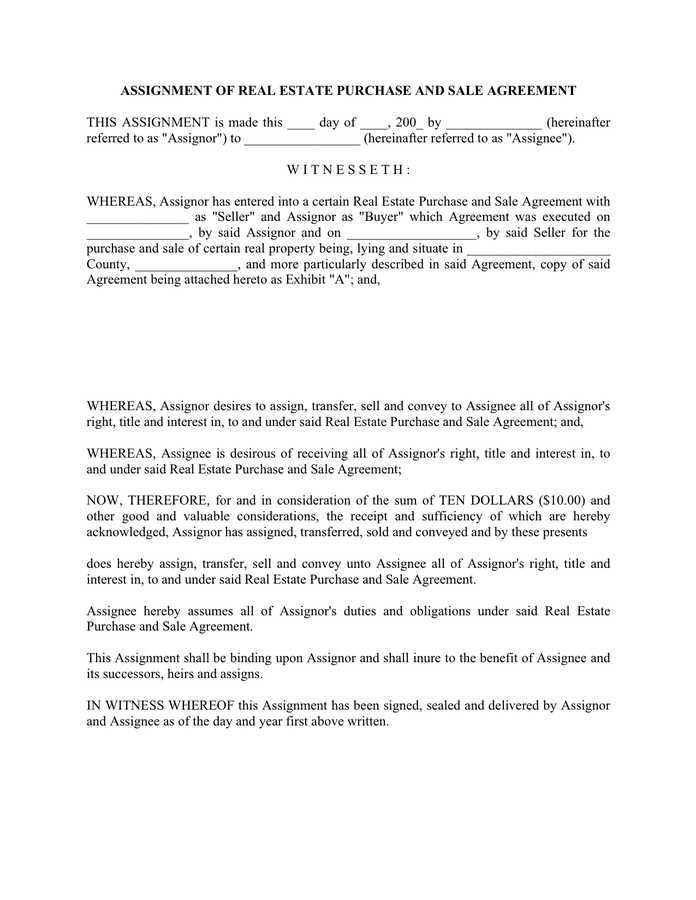 Assignment Of Real Estate Purchase And Sale Agreement In Word And Pdf 