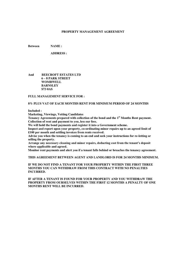 Property management agreement in Word and Pdf formats