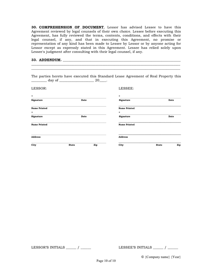 Standard lease agreement in Word and Pdf formats - page 10 of 10