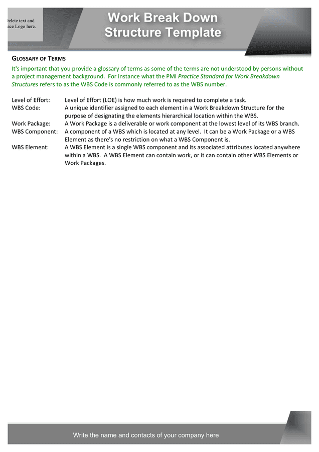 Work breakdown structure template in Word and Pdf formats - page 9 of 9