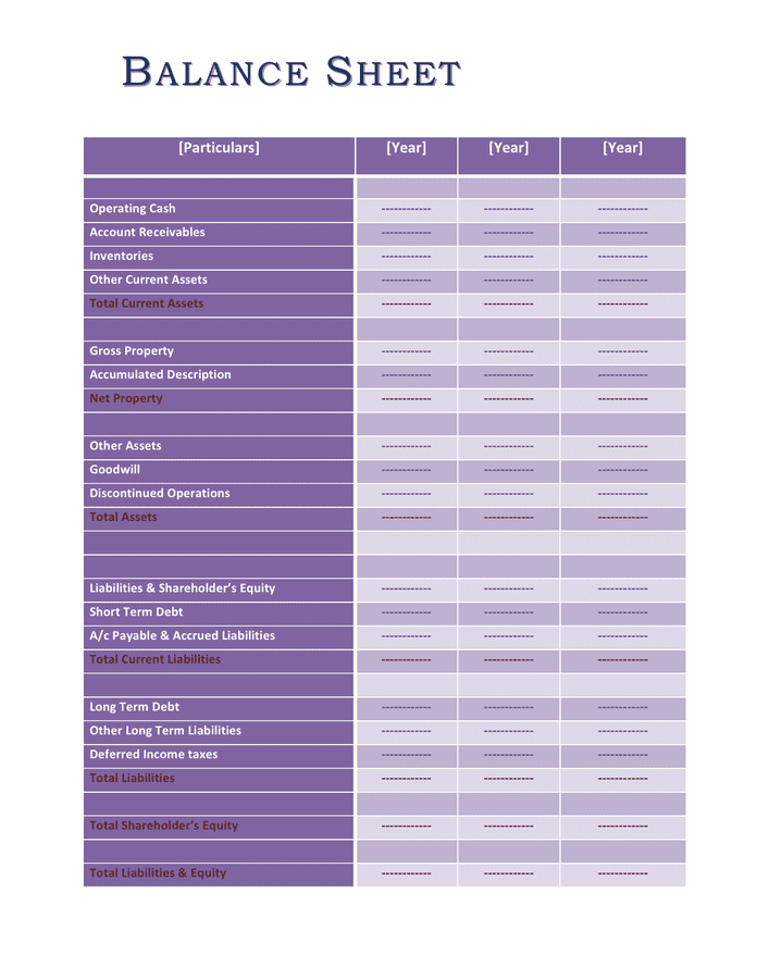 Balance sheet sample template in Word and Pdf formats