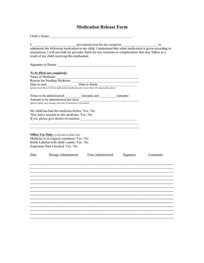 Medication release form in Word and Pdf formats