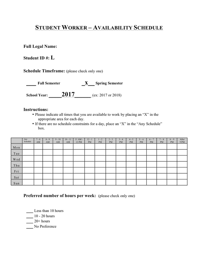 Student worker availability schedule in Word and Pdf formats