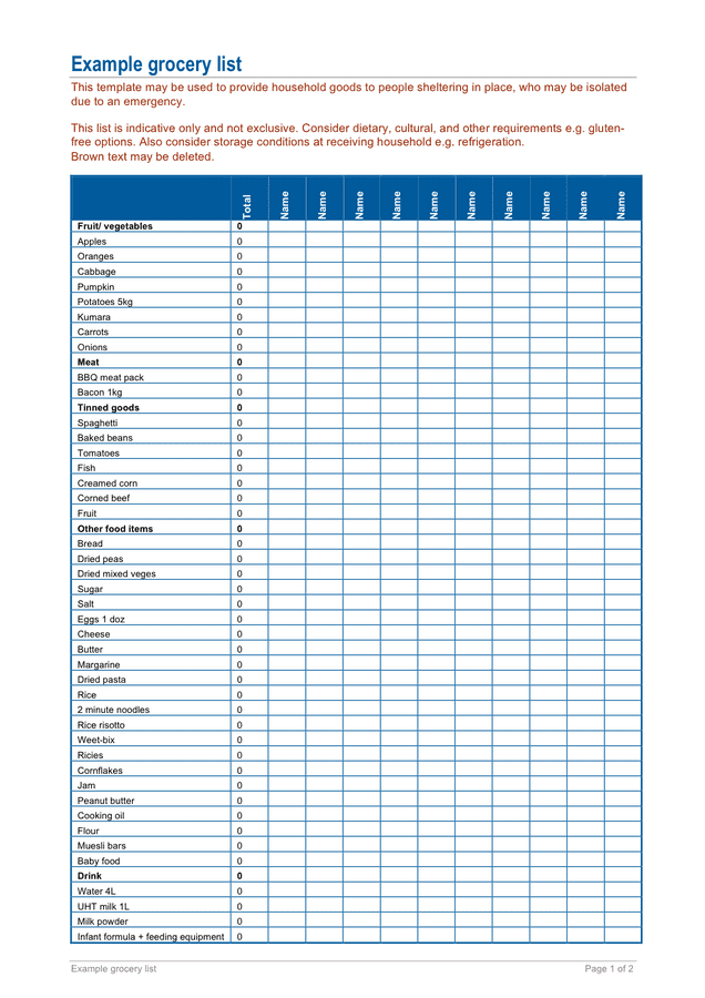 Example grocery list in Word and Pdf formats