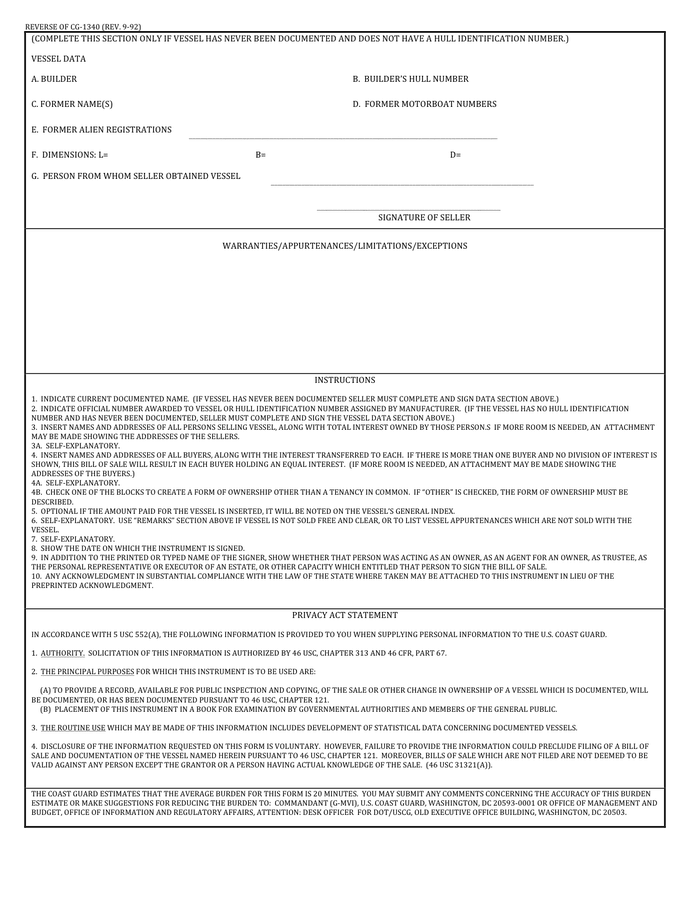 Vessel bill of sale form in Word and Pdf formats - page 2 of 2