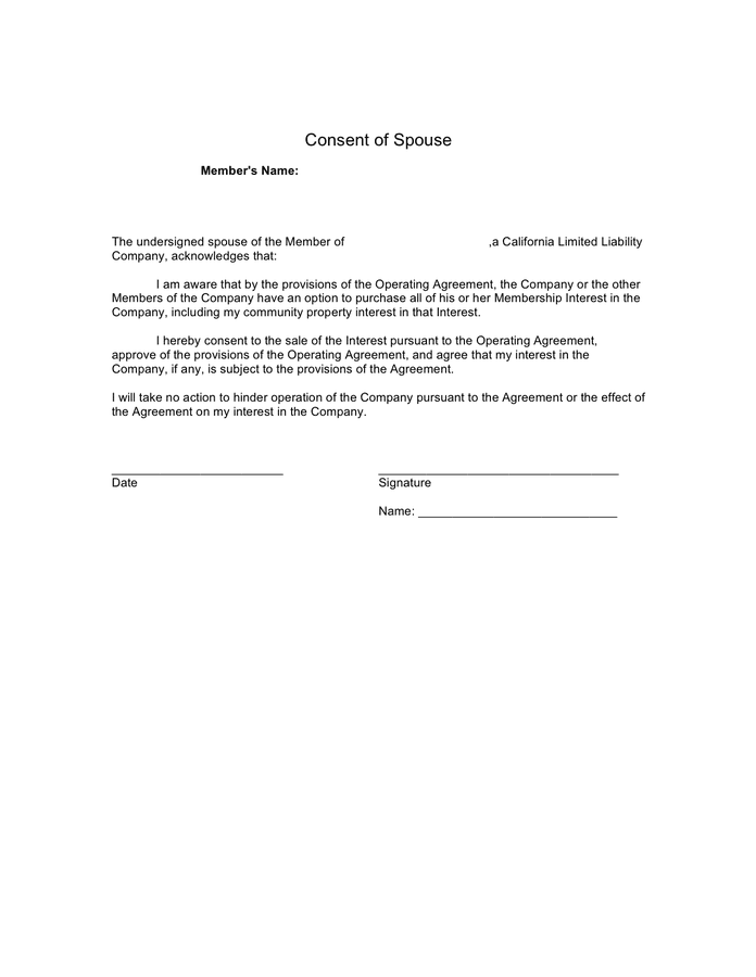Consent Of Spouse Template California In Word And Pdf Formats Consent Of Spouse Template California In Word And Pdf Formats